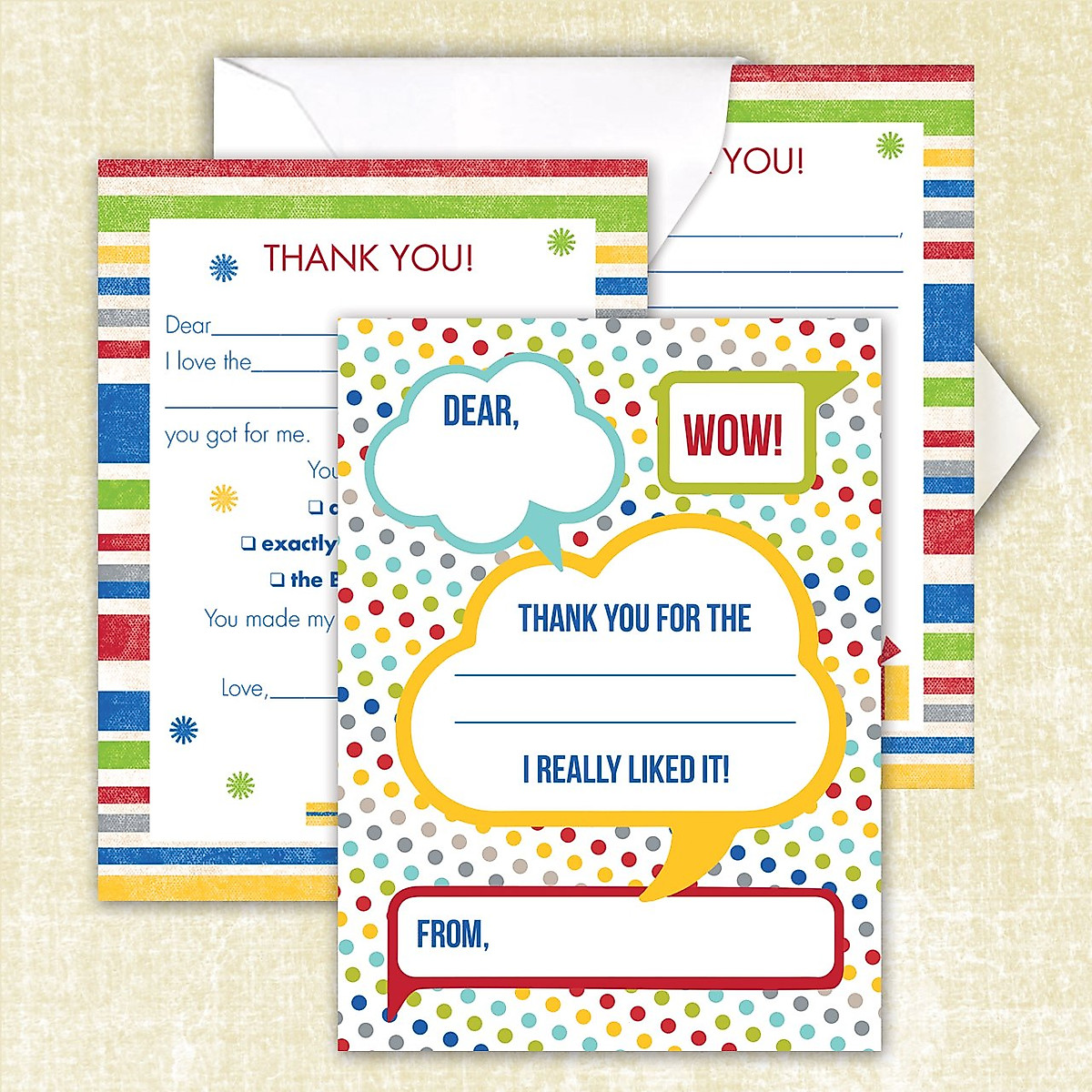 Dots and Stripes Kids Thank You Note Card Pack / 20 Fill In Childrens Colorful Thanks Cards With White Envelopes / 4 5/8" x 6 1/4" Kid Birthday Party Thank You