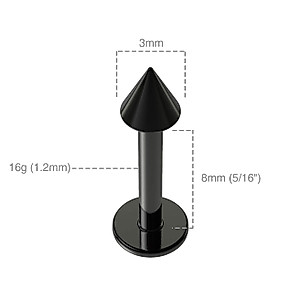Evonix 3pc 16g Labret Studs Anodized Black Hypoallergenic Lip Ring Spike 16 Gauge Piercing Jewelry 8mm 5/16