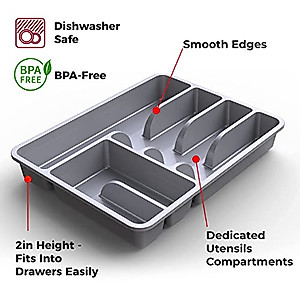 Mueller Flatware Kitchen Drawer Organizer, 10" x 13" Silverware Organizer, 6 Compartments, Heavy-Duty, Cutlery Tray for Utensils or Stuff, Dining Room, Living Room, Compact, Light Grey