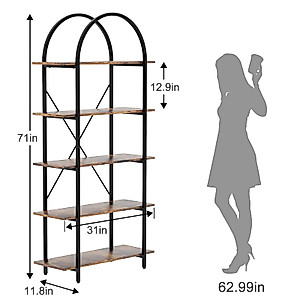 Arbuxzuy Arched Bookshelf 5 Tier Book Shelf, 31.5 Inch Width Industrial Arch Bookcase, Curved Tall Bookshelf with Open Shelves for Home Office, Living Room, Bedroom, Rustic Brown