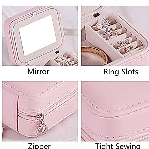 AN207 Jewelry Box with Mirror Zipper PU Leather Travel Earrings Ring Storage Case Necklace Bracelet Girl Gift Small Jewelry (Color : Pink)