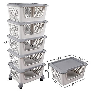 Innouse 5 Tier Large Plastic Storage Stacking Basket/Bin on Wheels, Grey