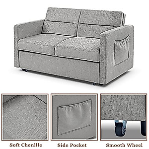 3 in 1 Convertible Sleeper Sofa Bed, Antetek Modern Chenille Loveseat Sleeper Sofa Couch w/Pull-Out Bed, Small Love seat Sofa Bed w/Reclining Backrest & Side Pocket for Living Room, Silver Grey, 54.5"