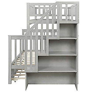 Merax Twin-Over-Full Stairway Bunk Bed with Shelves and Ladder (Grey, Twin Over Full with Trundle)