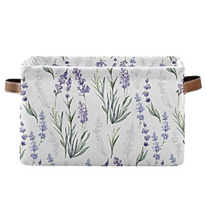 Lavender Flowers Storage Basket Fabric Storage Bin Laundry Baskets, Leaves Green Purple Foldable Storage Boxes Organizer Bag for Baby Cloth Dog Toy Book Storage Cubes Shelf Closet Basket 16×12×8