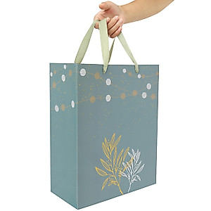 13” Large Green Gift Bag Set with Handles, Greeting Card, Tissue Papers and Stickers for Women Girls for Birthday, Wedding, Anniversary and Mother’s Day, Gold Foil Botanical Design, 1 Pcs