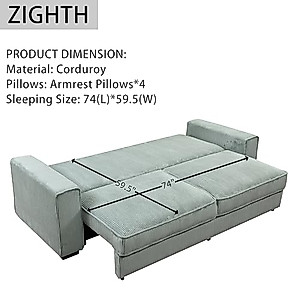 ZIGHTH 91-Inch Corduroy Queen Size Sleeper Sofa Bed with Storage, Convertible Sleeper Couch with Pull Out Bed and 4 Pillows, Hide a Bed Couches for Bedroom, Living Room, Small Places (Gray Green)