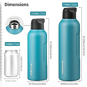 UZSPACE Insulated Water Bottle 17oz 25oz Stainless Steel Water Bottles for School Kids Adults, Double Wall Keep Cold & Hot Reusable Metal Water Bottle With Straw (Cyan,17oz)