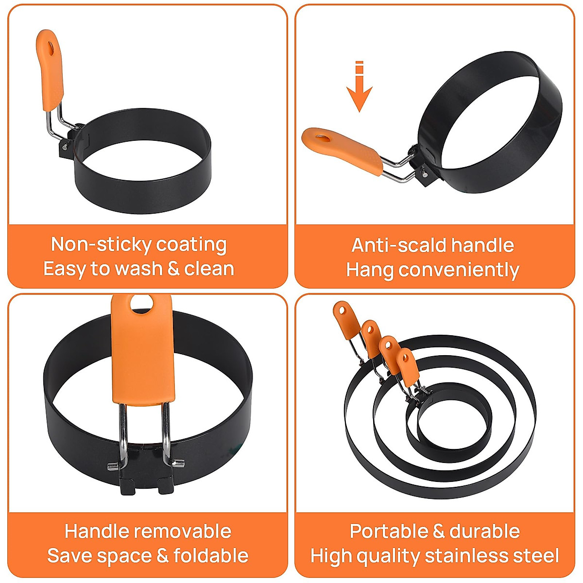 Hhyn Egg Rings for Griddle Frying Eggs Upgraded 4 Packs, Pancake Shapers with Orange Silicone Handle Non-stick Egg Molds for cooking Breakfast Omelette Sandwiches (3", 3.5", 6", 8")