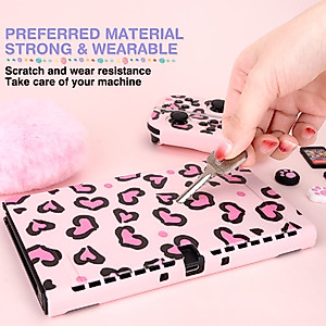 DLseego Pink Love Leopard Carrying Case for Switch OLED, Cute Silicone Protective Soft Cover with 4PCS Thumb Grip Caps and Pink Plush Heart Pendant Hard Storage Case Accessories Kit Bundle for Girls