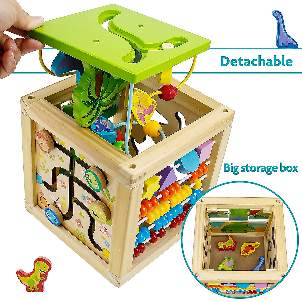 Fajiabao Baby Wooden Activity Cube - Toddler Activity Center Baby Toys 12-18 Months 1 2 3 Year Old Boy Girls Gifts with Bead Maze Sorter Abacus Montessori Dinosaur Toys Educational Learning for Kids