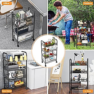 DEVO 4 Tier Metal Mesh Rolling Cart, Storage Organizer cart with 4 Side Hooks, Utility Carts with Lockable Wheels, for Home Kitchen Office Classroom (Black 1)