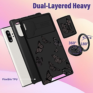 Funermei (2in1 for Samsung Galaxy Note 10 Plus Phone Case for Women Butterfly Cute Girls Cover Girly Pretty Black Butterfly Design with Camera Cover and Ring Stand Funda for Galaxy Note 10 Plus Case