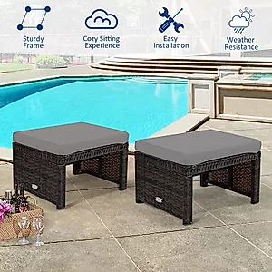 DORTALA 2 Piece Patio Wicker Ottomans, Outdoor Foot Rest with Cushions, PE Rattan Footstool for Patio, Garden, Poolside, Grey