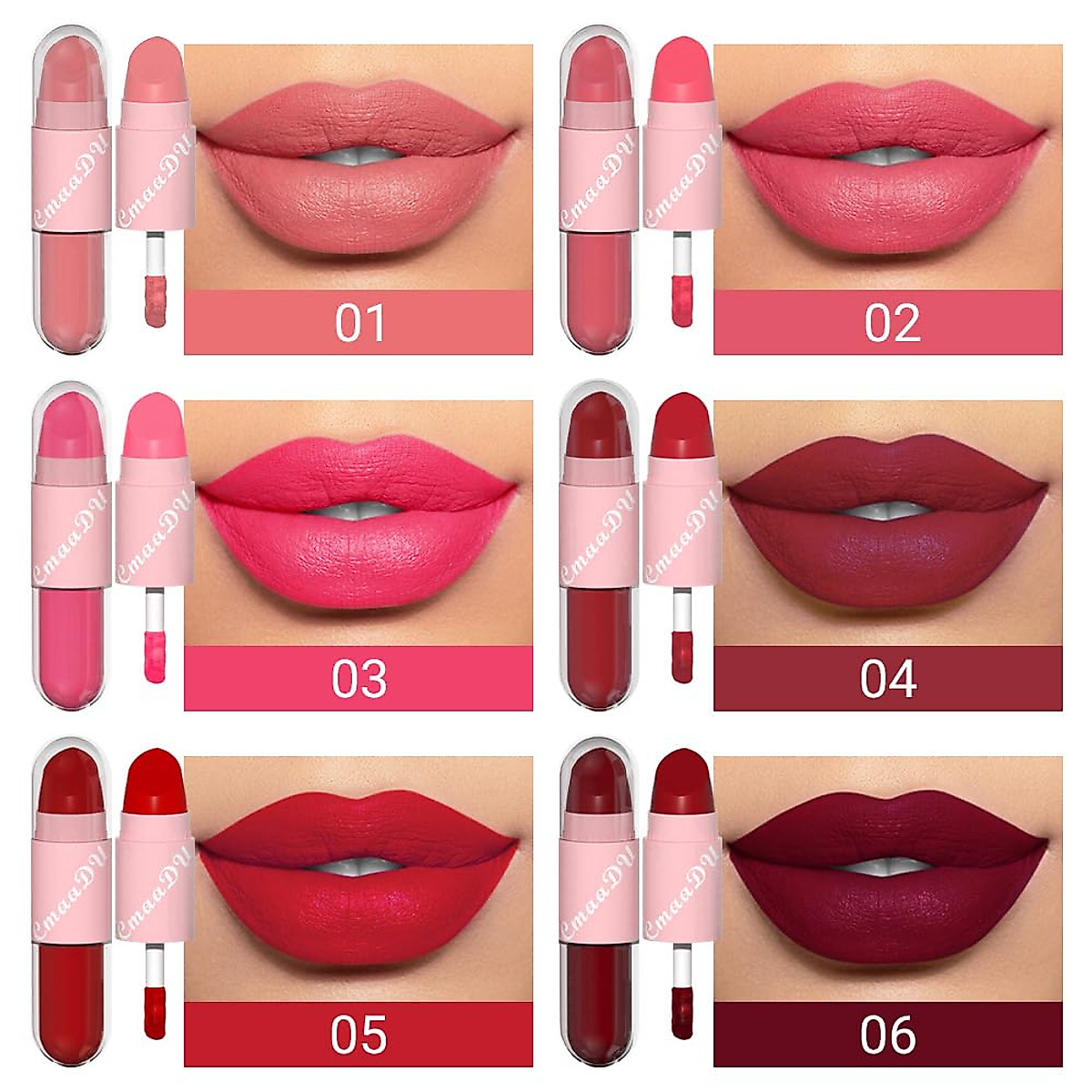 evpct 2 In 1 Matte Lipstick & Liquid Lipstick 6Pcs Set for Women, Dark Ruby Red Nude Beige Hot Pink Mauve Matte Vegan Long Wear Pink Lipstick Waterproof Long Lasting 24 Hour Lipstick Lip Gloss Stain