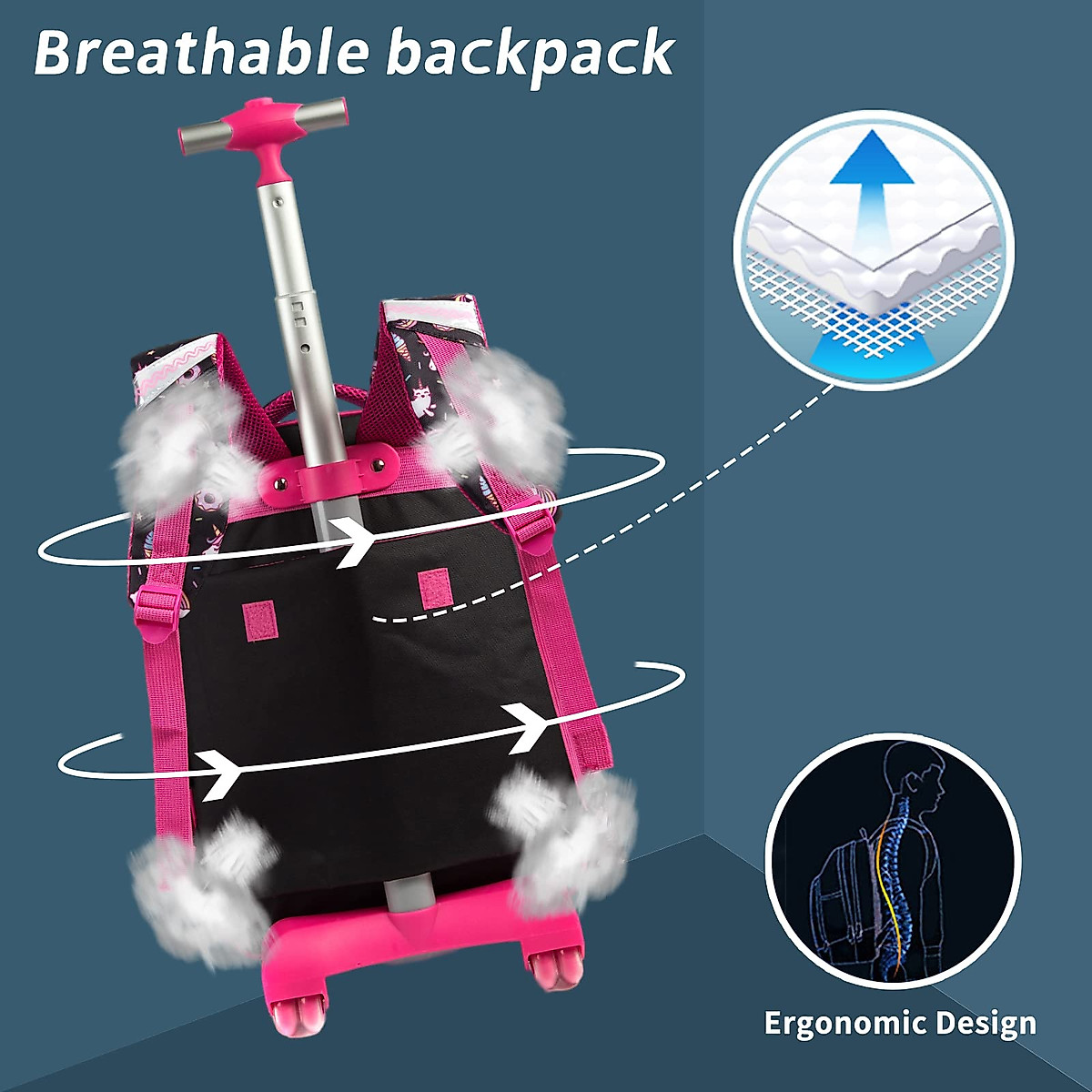 3 PCs Rolling Backpack with Lunch Bag Pencil Case, 16 inch Lightweight Roller Backpacks for Girls Elementary, PU Leather Backpack with Wheels for School Travel, 4+ years old, Black Unicorn