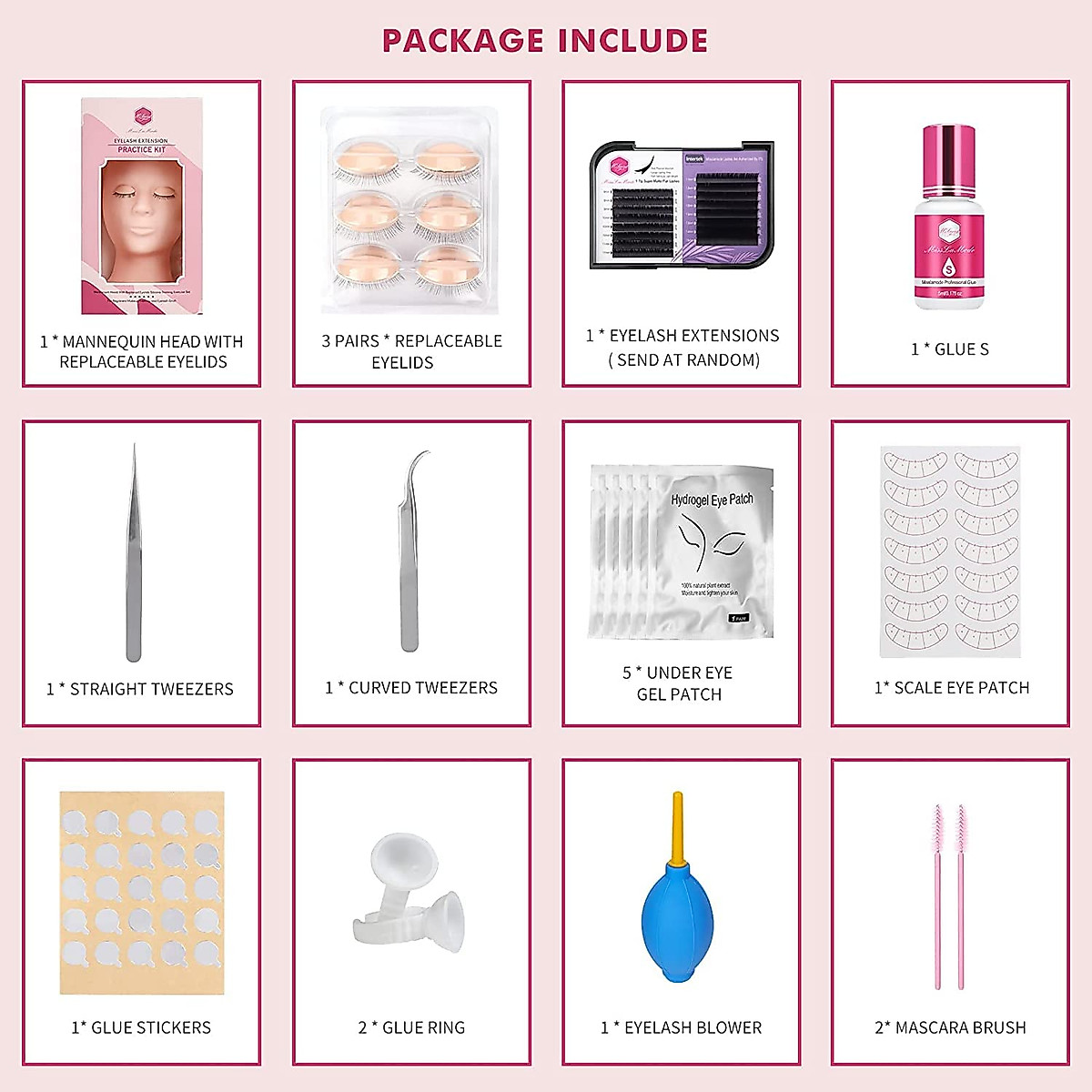 MIILAMOD Eyelash Extension Kit,Training Lash Extension Supplies for Beginners,Lash Mannequin Head With Replaced Eyelids Silicone Training Exercise Set,Eyelash Extension Practice Kit