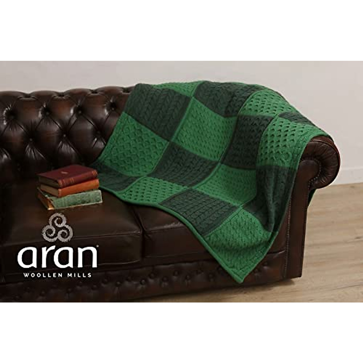Aran Woollen Mills Irish Knit Blanket Merino Wool Patchwork Intarsia Throw Made in Ireland (Kiwi/Connemara Green)