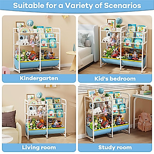 Kids Bookshelf and Toy Storage - 3 Tier Montessori Bookshelf with Fabric Toy Box, Nursery Book Shelves for Children, Baby Toddler Toy Organizer Book Shelf for Kids Rooms, Living Room, Bedroom