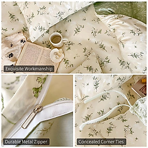 Rvciby Vintage Floral Duvet Cover Queen Size,100% Cotton Chic Shabby Beige Green Breathable Reversible Comforter Cover Set,3 Pieces,1 Duvet Cover with Zipper Closure & Corner Ties and 2 Pillow Shams