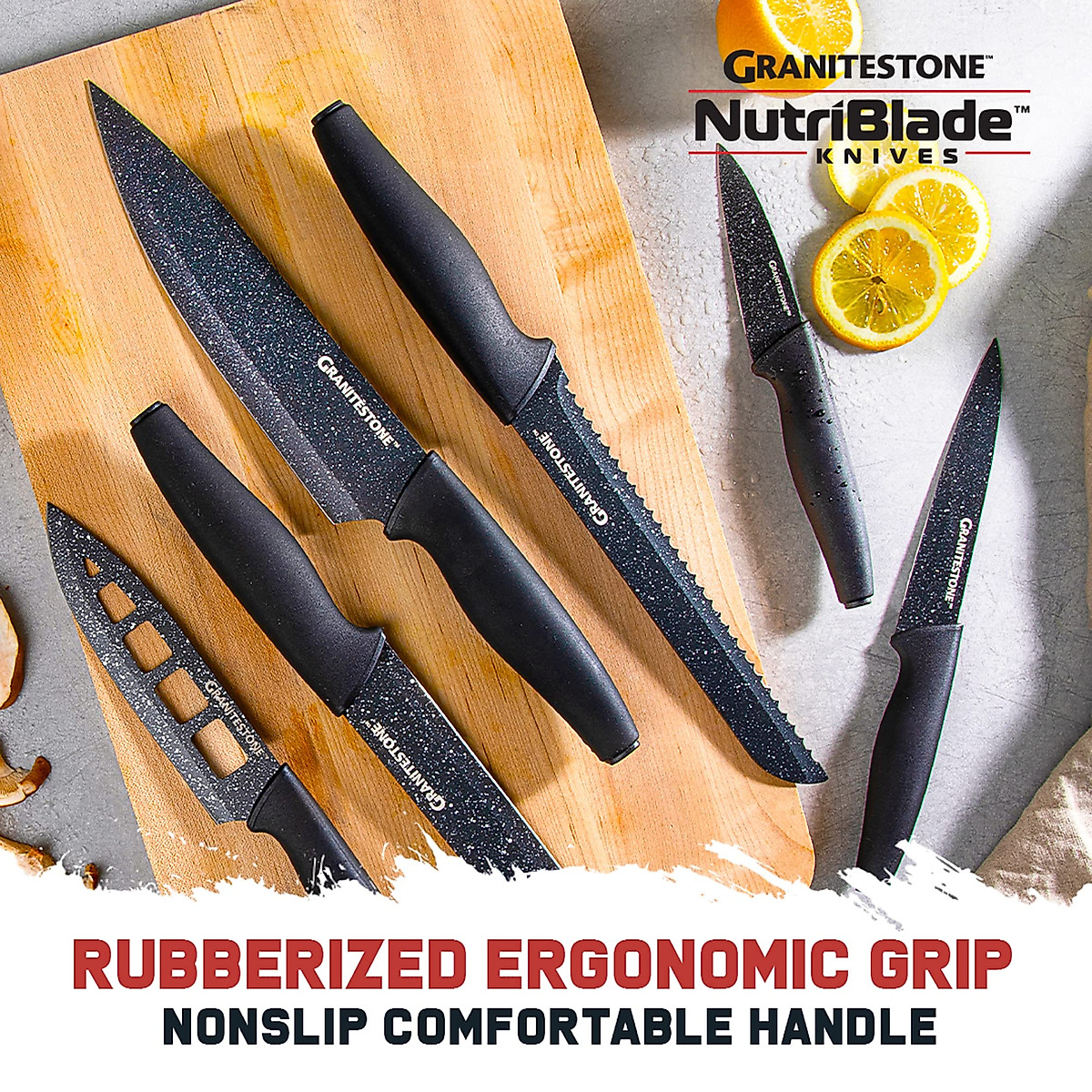 Nutriblade Knife Set by Granitestone, 13 Pieces High-Grade Stainless Steel Blade Chef Kitchen Knives Set with Acrylic Block Includes 6-piece Kitchen Knife plus 6-piece Fully Serrated Steak Knife