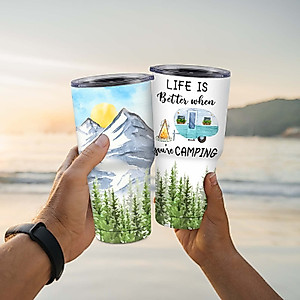 Camping gifts for Outdoorsmen - Funny Camping Insulated Stainless Steel Tumbler with Lid, 30 oz - Coffee Camping Cup Travel Mug for Women Men Fathers Day, Birthday, Coffee, Dad, Happy Camper