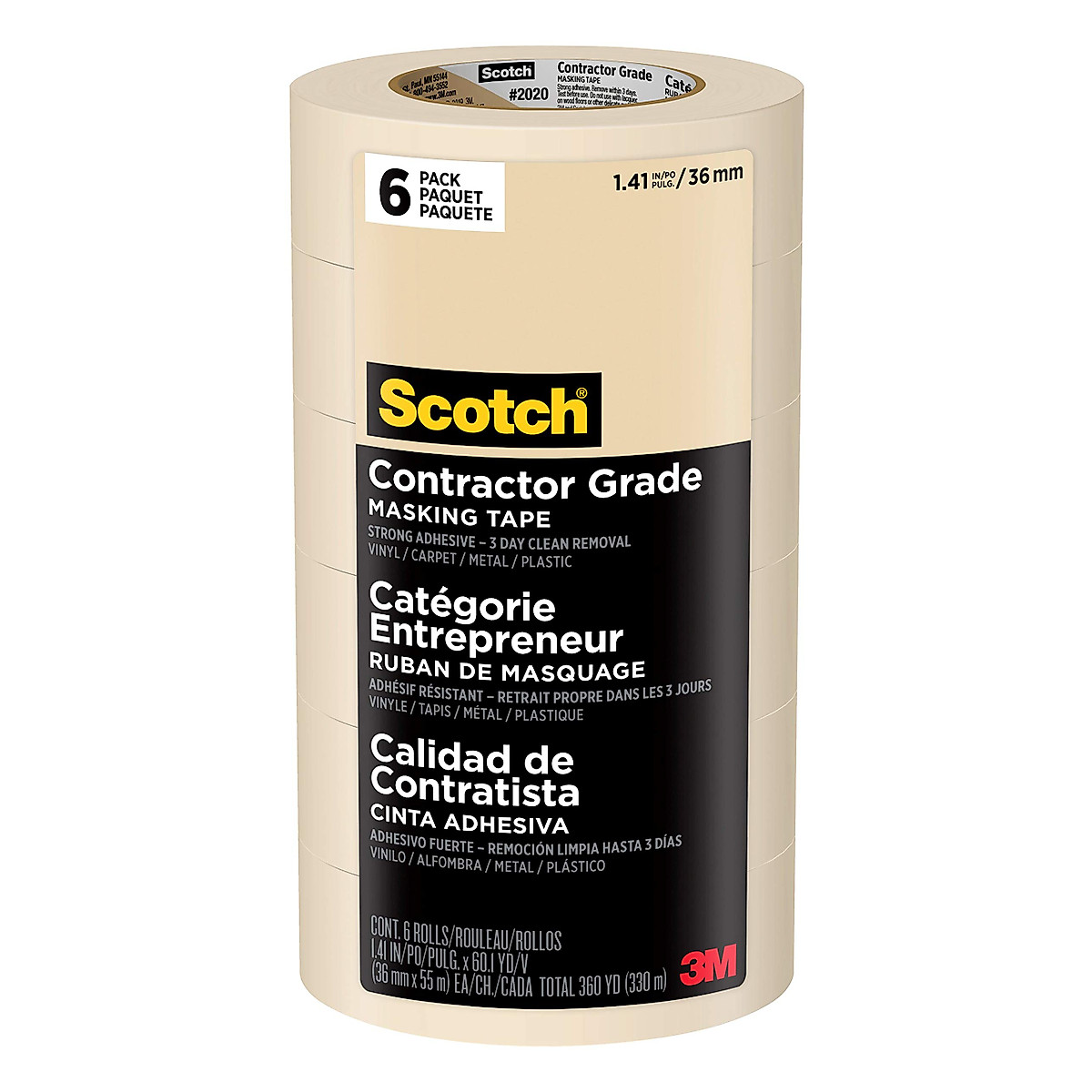 Scotch Contractor Grade Masking Tape, Tan, Tape for General Use, Multi-Surface Adhesive Tape, 1.41 Inches x 60.1 Yards, 6 Rolls