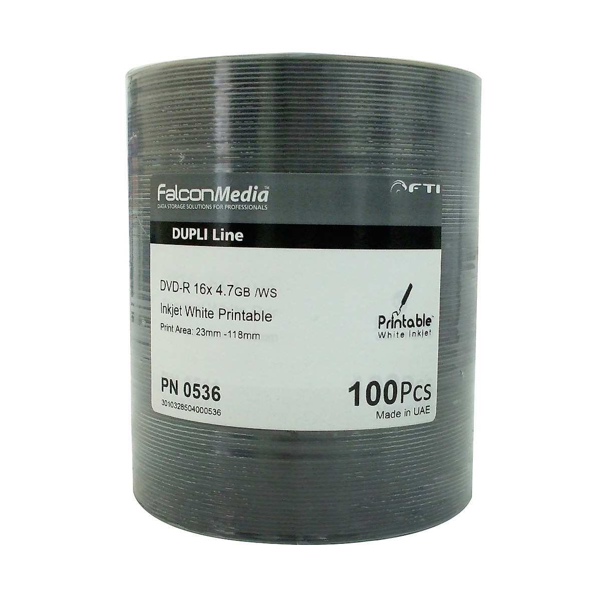 FalconMedia Dupli Line White Inkjet Hub Printable Blank DVD-R16x 4.7GB 100 Disc Tape Wrap Pack