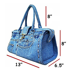 Upcycling Blue Denim Jean Large Capacity Doctor Style with Hand Stitching Edge Top Handle Satchel Structured Handbag for Women