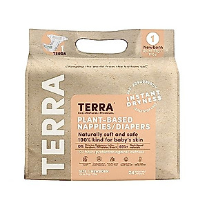 Terra Size 1 Newborn Diapers: 85% Plant-Based Diapers, Ultra-Soft & Chemical-Free for Sensitive Skin, Superior Absorbency for Day or Nighttime Diapers, Designed for Newborns up to 11 Pounds, 24 Count