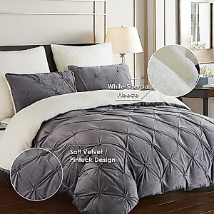 Nayoroom Velvet Duvet Cover Set Queen Size Gray Pinch Pleated Pintuck Reversible Sherpa Fleece Fluffy Comforter Cover 3Pcs Winter Warm Soft Flannel Fuzzy Bedding Set with Zipper Closure