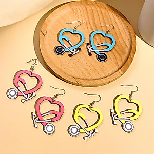 Doctor Nurse Stethoscope Wooden Dangle Earrings Love Heart Stethoscope Medical Theme Earrings Nurse's Day Gifts for Doctors Nurses Medical Students-Pink