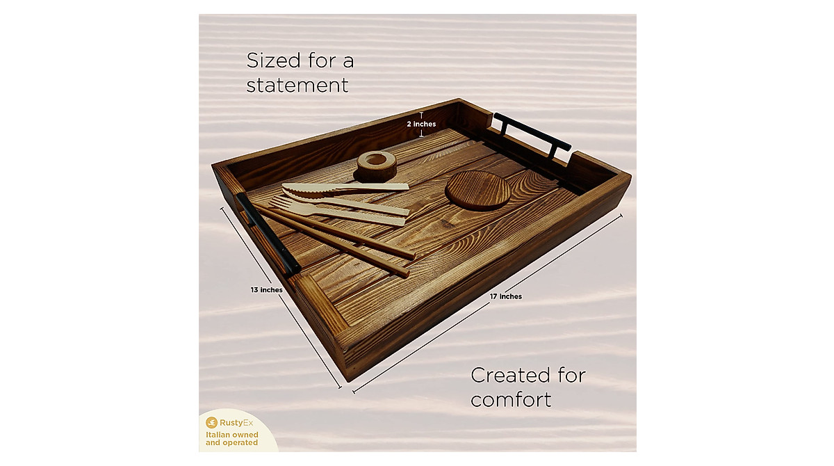 RustyEx Pine Wood Serving Tray with Metal Handles - Rustic Gift Set