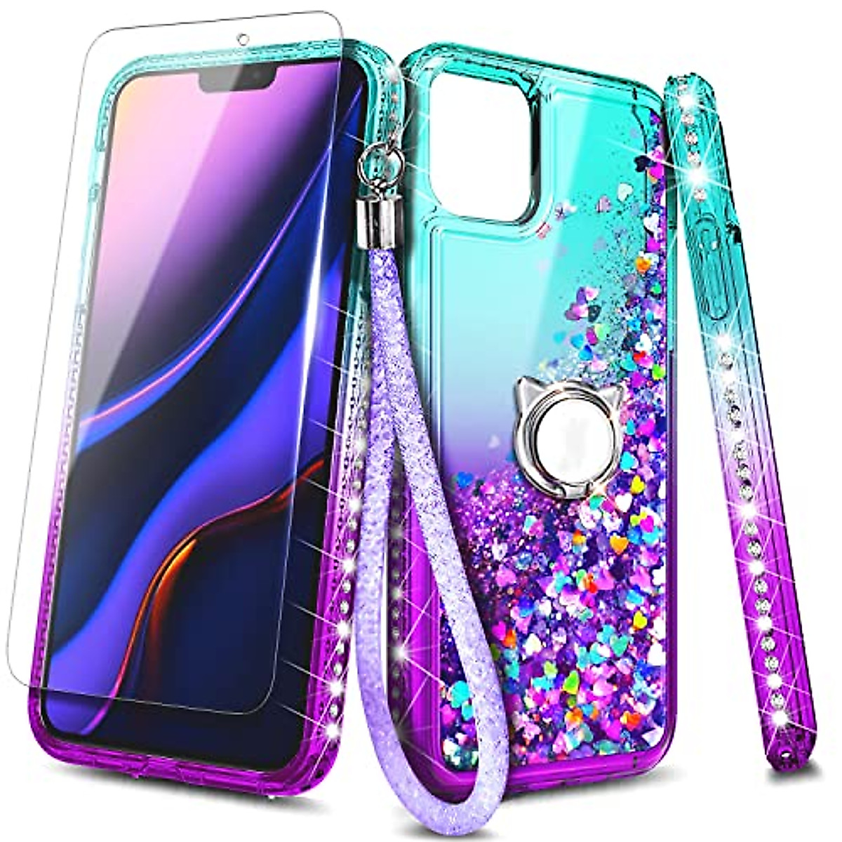 NGB Supremacy Case for iPhone 12/12 Pro with Tempered Glass Screen Protector, Ring Holder/Wrist Strap, Girls Women Kids Bling Sparkle Liquid Floating Glitter Cute Case Cover (Aqua/Purple)