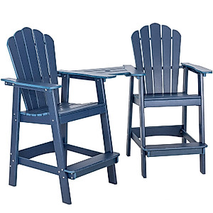 INTOBOO Tall Adirondack Chair Set of 2, HDPE Adirondack Barstools, Double Balcony Chairs with Connecting Tray, Weather Resistant for Outdoor, Poolside, Patio, Garden, Backyard (Navy)