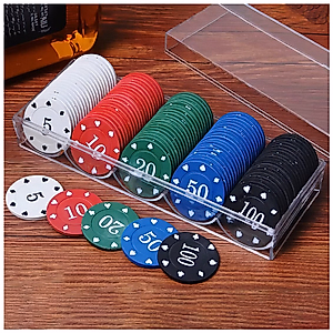 Lynkaye 100 Pcs Poker Chips with Storage Box, Plastic Poker Card Chips with Denomination Printed Number for Texas Home Nights, Learning Math Counting, Bingo, Family Game Token