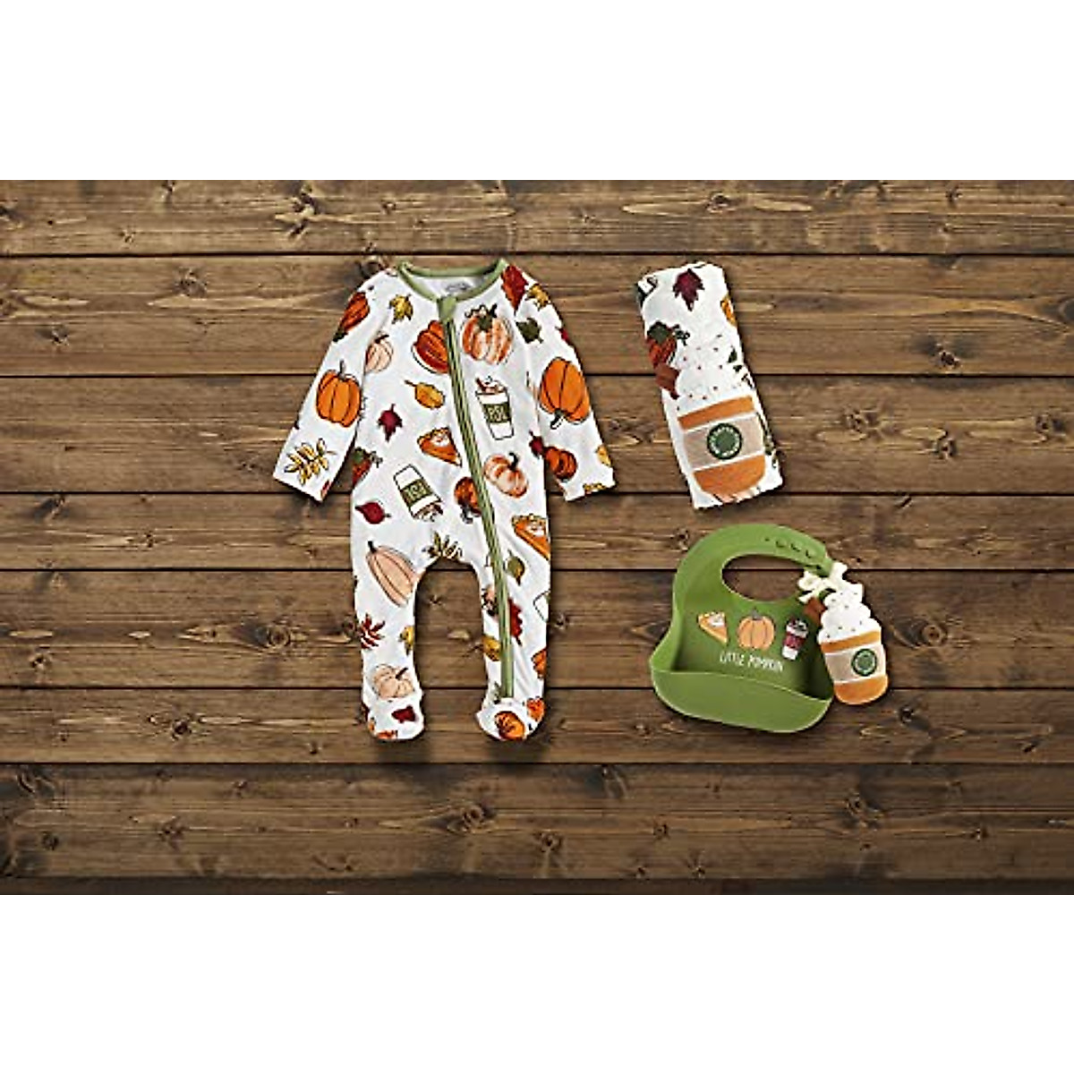 Mud Pie Unisex Baby Pumpkin Bib and Rattle Set, Green, 10 1/4" x 9"