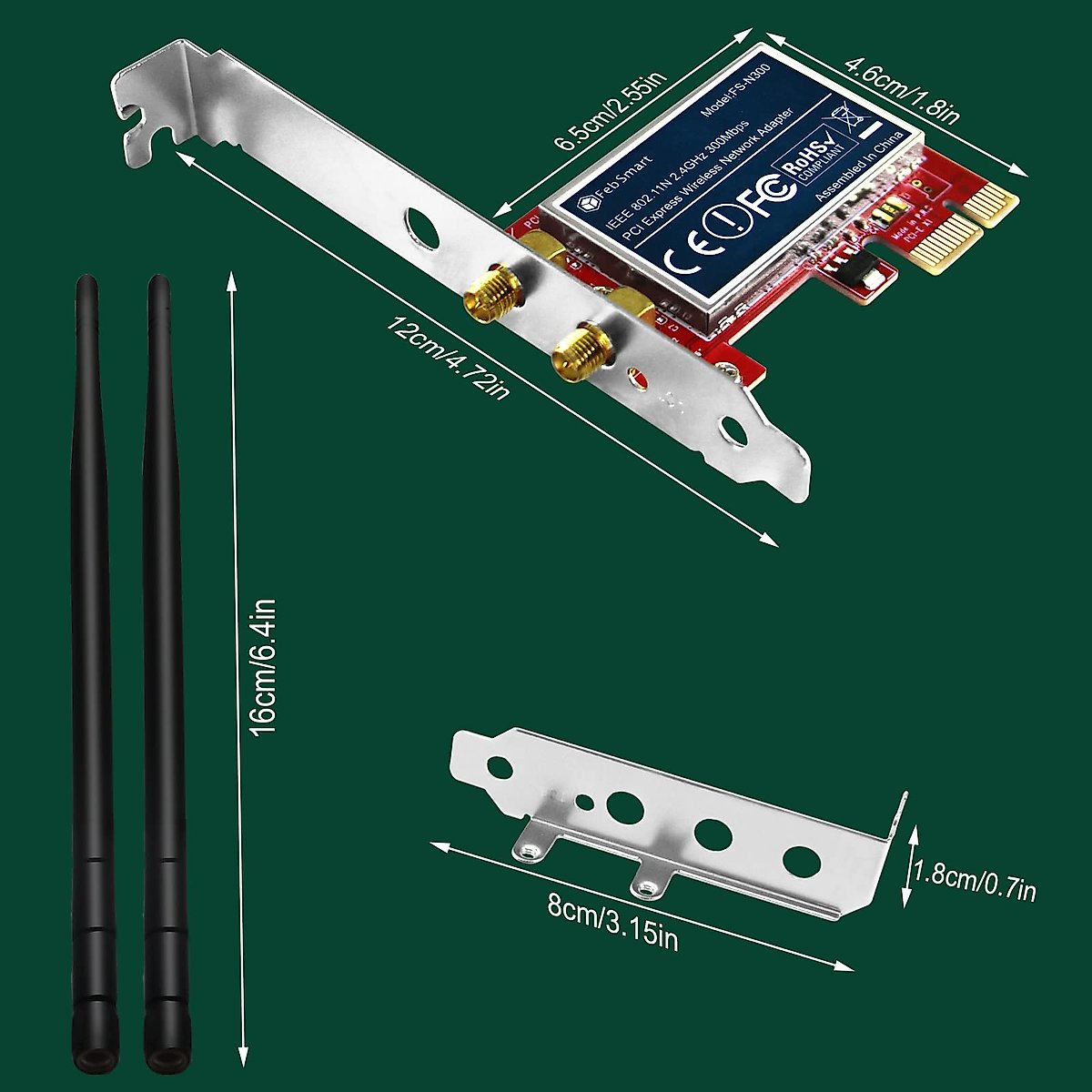 FebSmart Wireless N 2.4GHz 300Mbps PCIE Wireless Network Adapter for Windows 11, 10, 8.1, 8, 7, XP (32/64bit), Windows Server and Linux PCs, PCIE WiFi Card, PCIE WiFi Adapter (FS-N300)