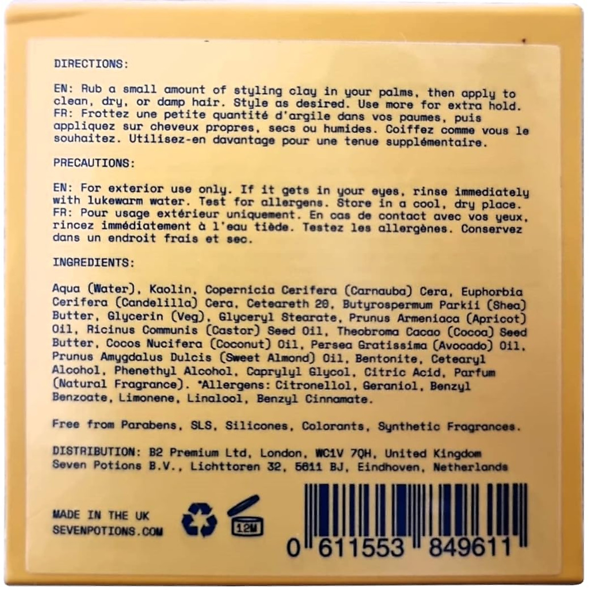 SEVEN POTIONS Hair Clay For Men and Women 3.4 fl oz - High Hold Matte Pomade - Effortless Hair Styling Product That Leaves No Residue - Water Based - Natural, Vegan, Cruelty Free