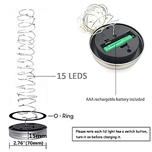 SunKite Solar Mason Jar Lid Lights [Updated], 6 Pack 15 LED Waterproof Fairy Firefly Jar String Lights with Hangers (NO Jars), Patio Yard Garden Wedding Easter Decoration - Warm White