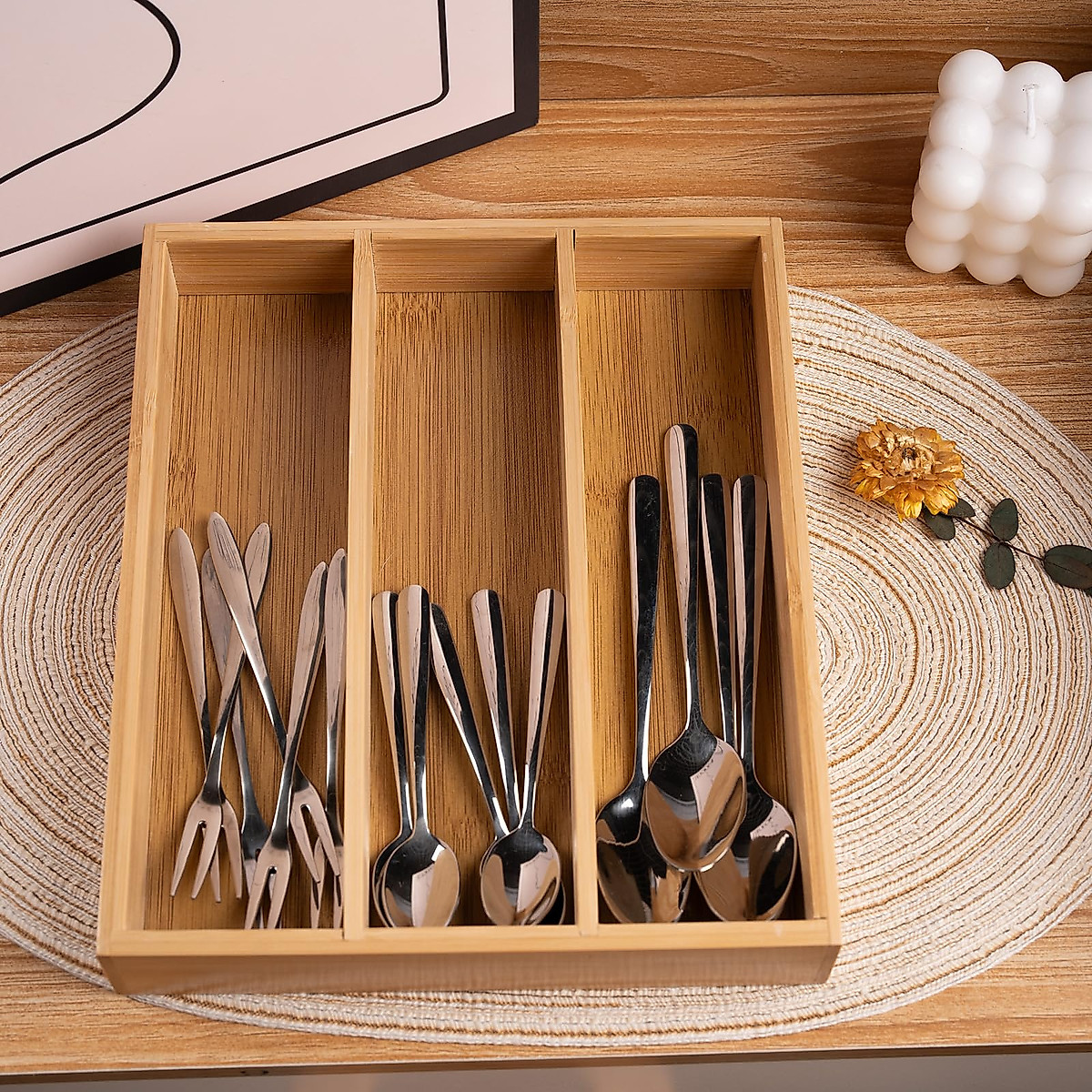 Fibogollo Silverware Organizer Bamboo Kitchen Drawer Organizer Kitchen Utensil Organizer, Flatware Organizer Tray for Kitchen, Flatware, Utensils