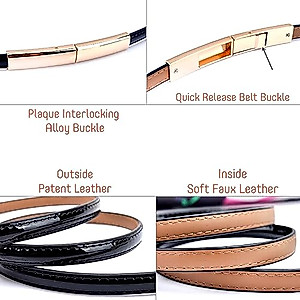 Women's Belt Dress Fashion Patent Leather Belts Adjustable 22"- 36" Skinny Slim Belt Genuine Leather Gold Color Buckle Waistband, Black