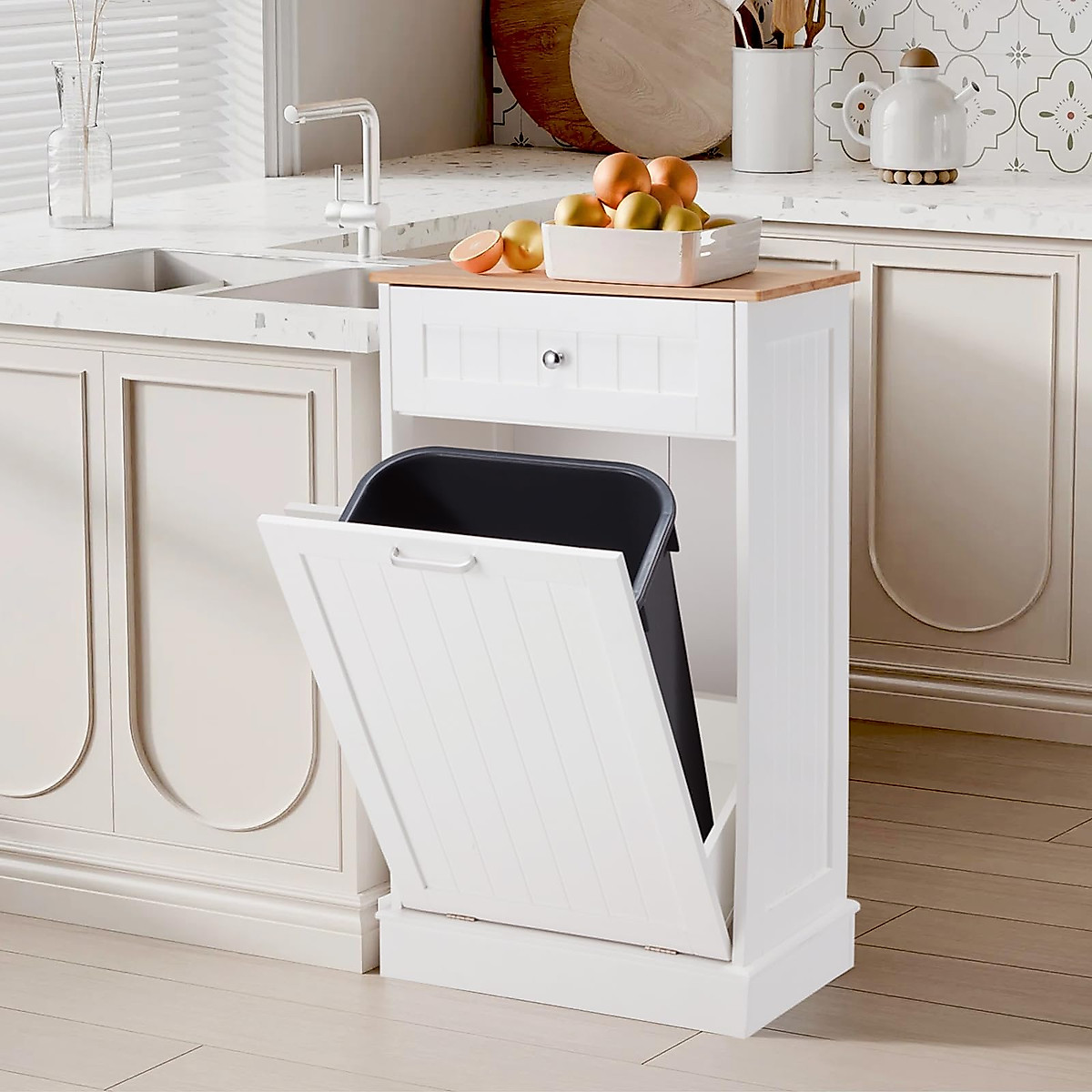 Mdeam Tilt Out Trash Cabinet 10 Gallon Hidden Trash Garbage Can Cabinet for Kitchen,Living Room,White