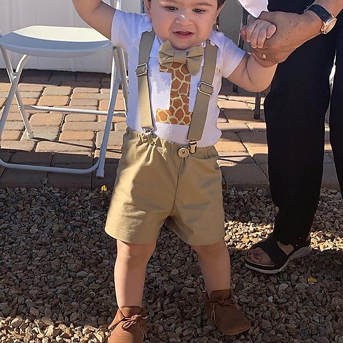 Cake Smash Outfit Boy 1st First Birthday Baby Jungle Theme Wild One Bow Tie Romper+Shorts+Y-Back Suspenders 3PCS Wedding Baptism Gentleman Formal Party Clothes Photo Props Khaki 12 Months