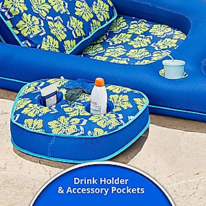 Aqua Campania Ultimate 2-in-1 Pool Float Lounge – Extra Large – Inflatable Pool Floats for Adults with Adjustable Backrest & Cupholder Caddy – Royal/Lime Hibiscus