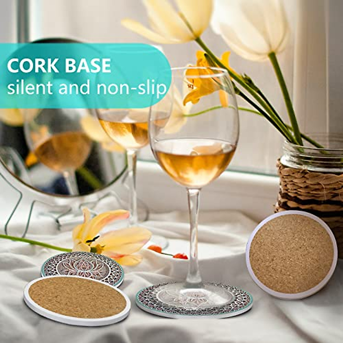 Mandala Coasters for Drinks,Doawbang Absorbent Ceramic Stone Coasters Set of 4 Cork Base Marble Art Cups Table Mats for Home Decor (Green)