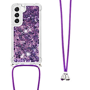 Asuwish Phone Case for Samsung Galaxy S23 Plus S23+ 5G with Screen Protector Crossbody Strap Bling Liquid Glitter Clear Slim Protective Cell Cover S23plus 23S + S 23 23+ SM-S916U 6.6 inch Women Purple