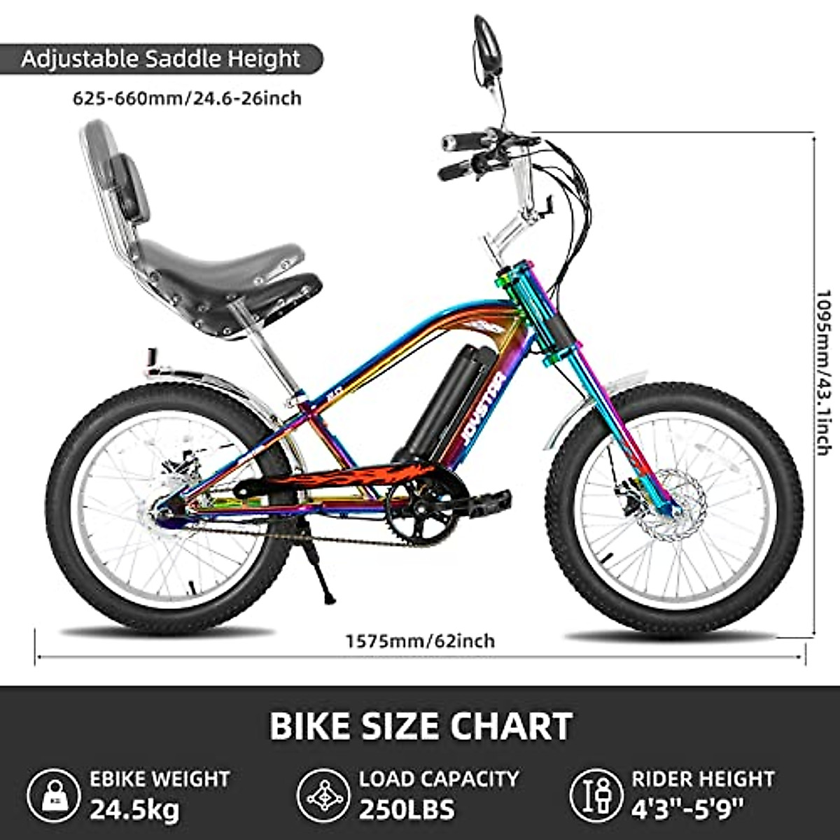 JOYSTAR 20" Electric Bike, Motorcycle Ebike with 250W Brushless Motor, 20"x3.0" Fat Tire Cruiser E-Bike for Adults, Chopper Style Electric Bicycle