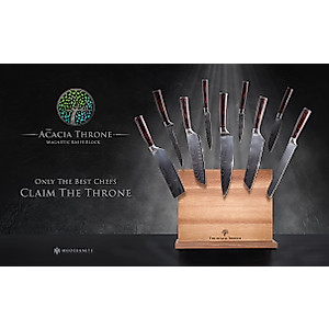 4-PC Magnetic Knife Block Set – Acacia Wood Magnetic Knife Holder Stand with Sharpener, Knife Tips & Finger Guard in Gift Box – Double Sided Magnetic Knife Stand – Pre-Assembled by MODERKNITE [2023]