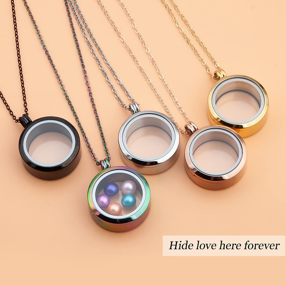 Africanbeads 2PCS 30MM Silver Round Floating Charm Locket Necklace with 6 Freshwater Pearls,316L Stainless Steel Clear Glass Locket,Small Living Memory Pendant for Women(Without Chain)